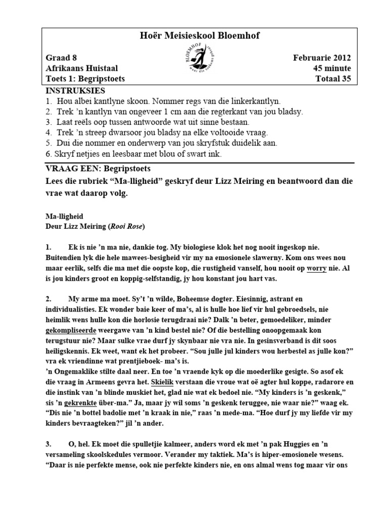 Skole Begripstoets Afrikaans HT Graad 8 | PDF