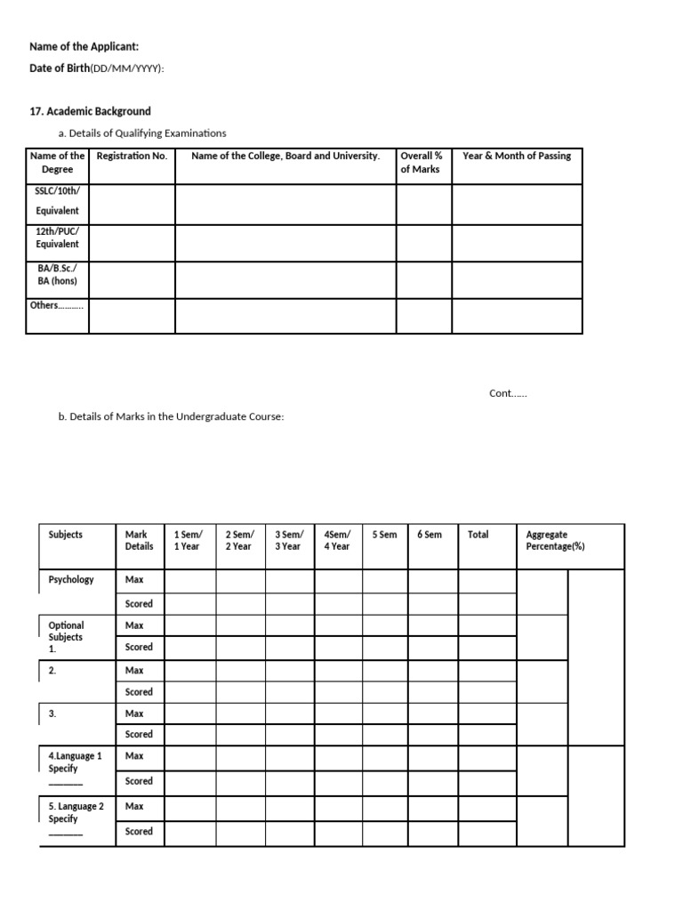 PG Application Form Academic Details | PDF