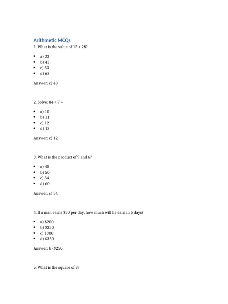 Arithmetic MCQs | PDF