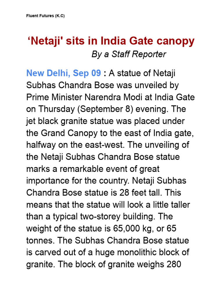 Netaji Bose Statue Unveiled at India Gate | PDF | Travel | Art