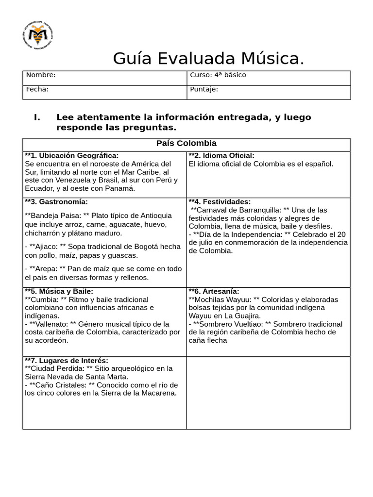 Guía Evaluada Música 4º | PDF | Colombia | Cocina occidental