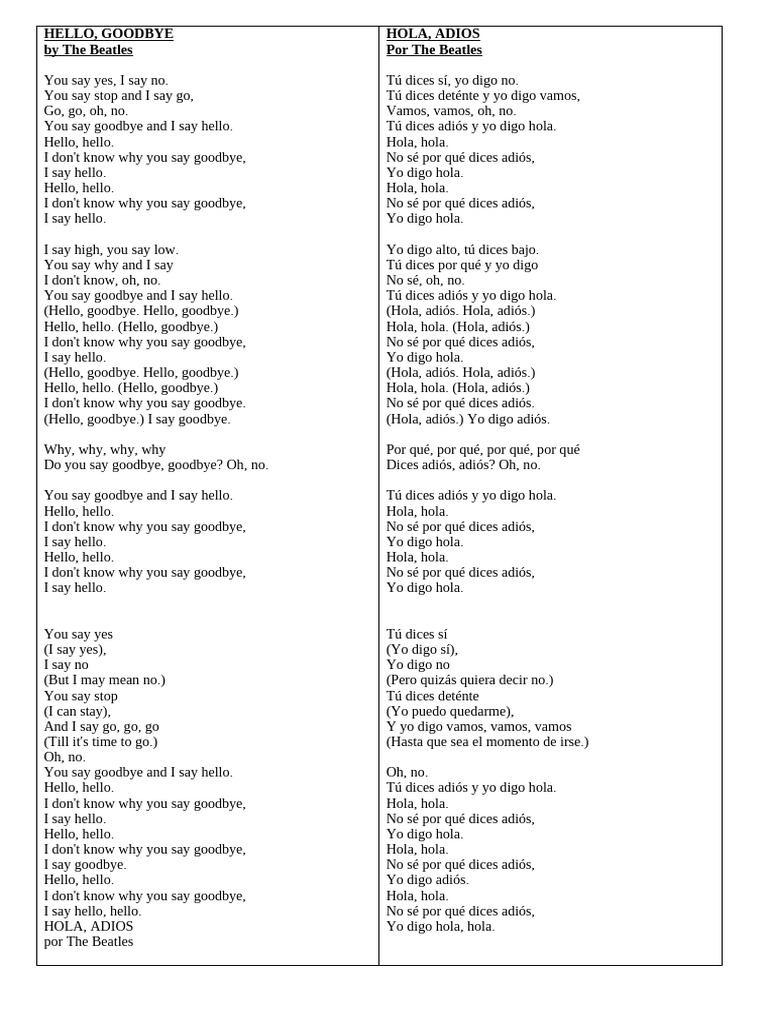 Cancion Hello Goodbye | PDF | Grabación de sonido | Grabaciones de canciones