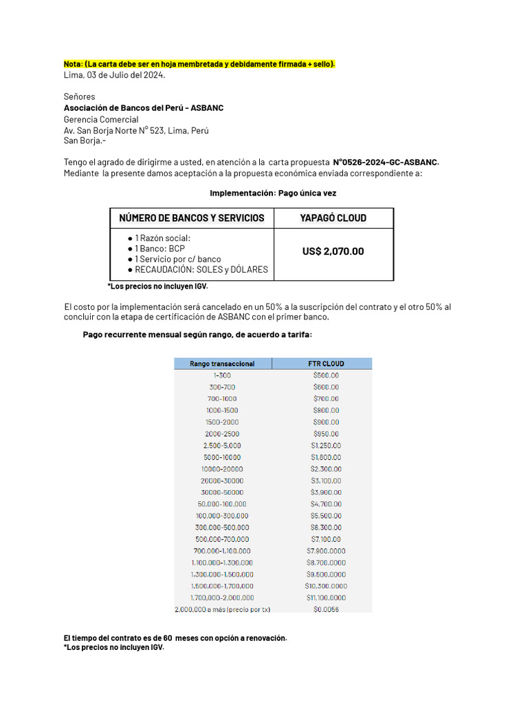 Carta de Aceptación - San Miguel Industrias Pet | PDF | Finanzas y dinero