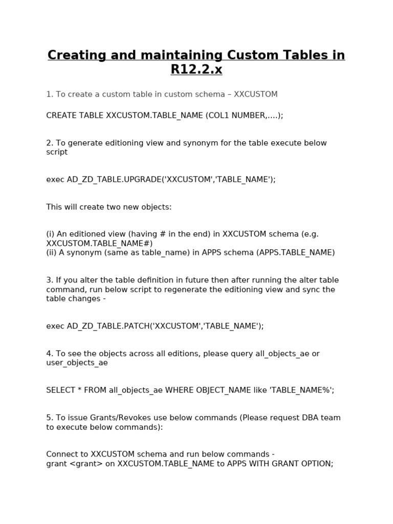 Creating and Maintaining Custom Tables in R12.2.x | PDF | Data Management Software | Data