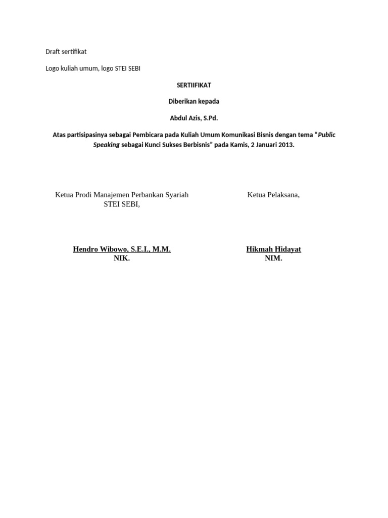 Draft Sertifikat | PDF | Karier & Perkembangan | Seni