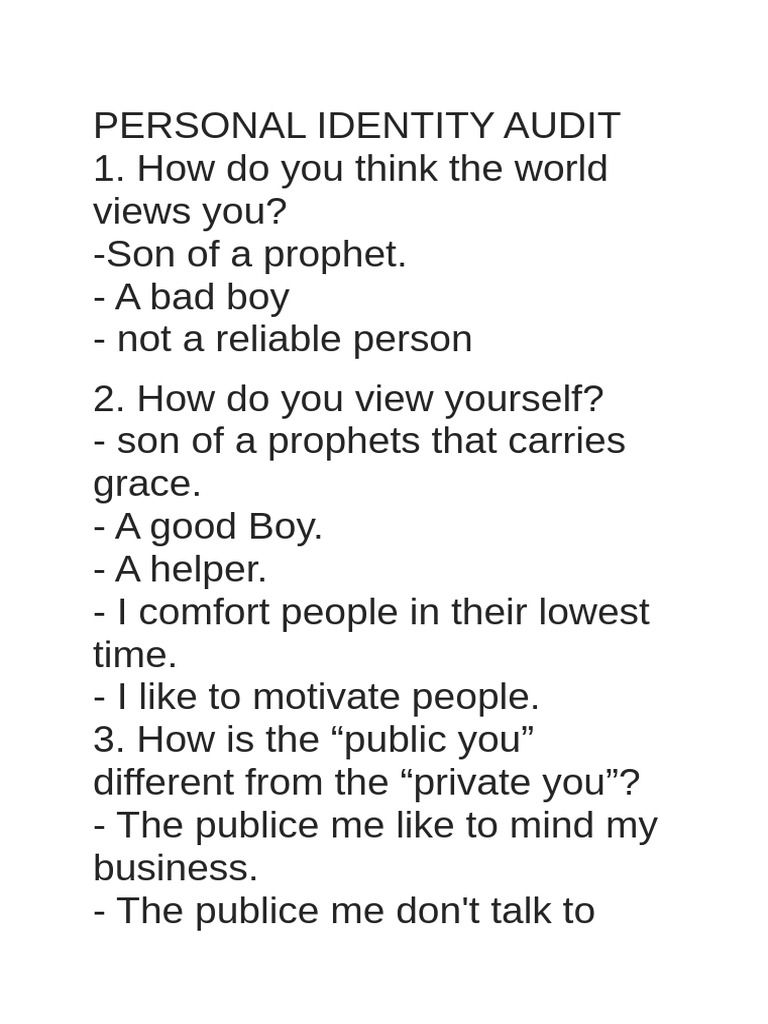 PERSONAL IDENTITY AUDIT | PDF | Psychological Concepts | Psychology