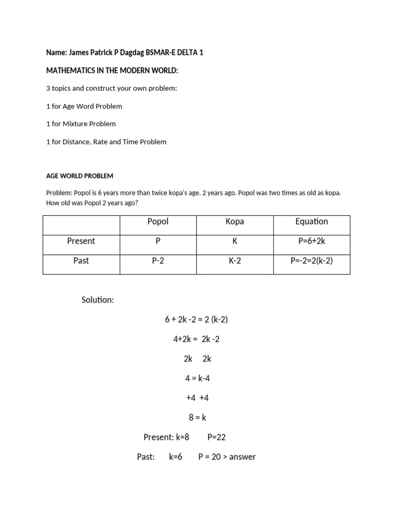 SOLVING: Age Word Problem/Mixture Problem and Distance, Rate and Time ...
