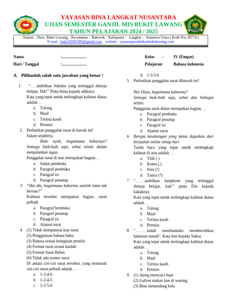Soal B.indonesia Kelas 4 Sem 1 | PDF