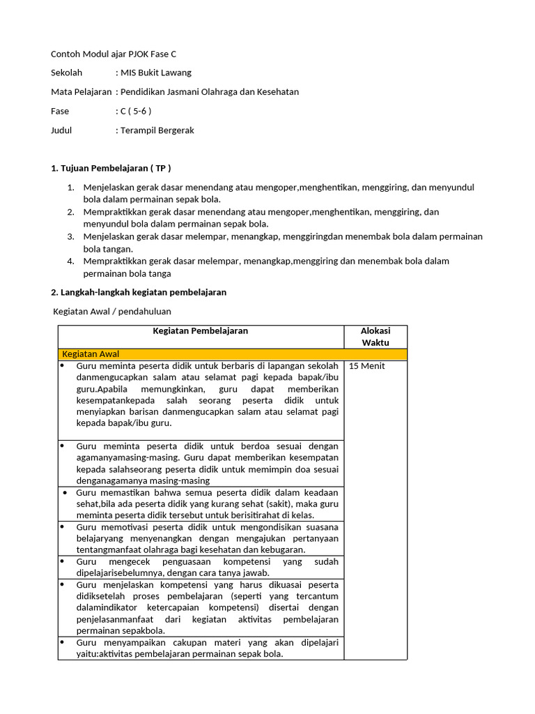 Contoh Modul Ajar PJOK Fase C Minimum | PDF