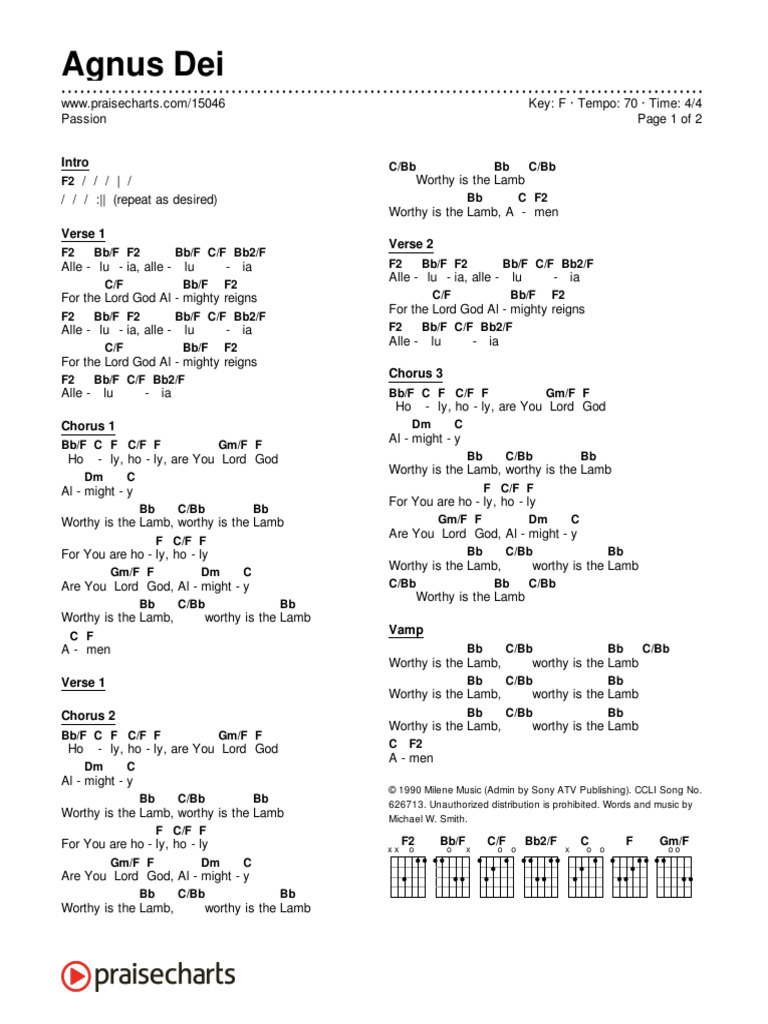 Agnus Dei (Passion) Chord Chart - F - 2 Column Layout | PDF | Song Structure | Lamb Of God