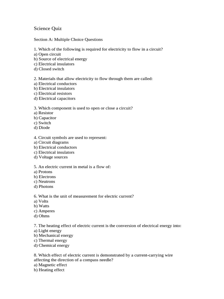 Science Quiz | PDF | Electricity | Electrical Resistance And Conductance