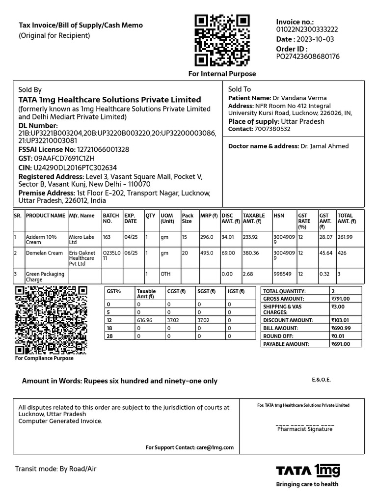 TATA 1mg Invoice for Dr. Vandana Verma | PDF | Economy Of India | Public Finance
