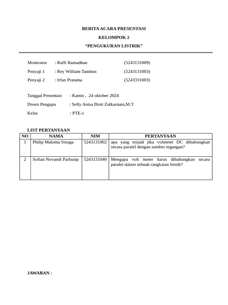 Berita Acara Kel.2 Pengukuran Listrik | PDF