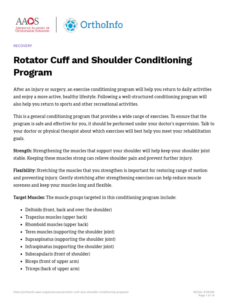 Rotator Cuff and Shoulder Conditioning Program - OrthoInfo - AAOS | PDF ...