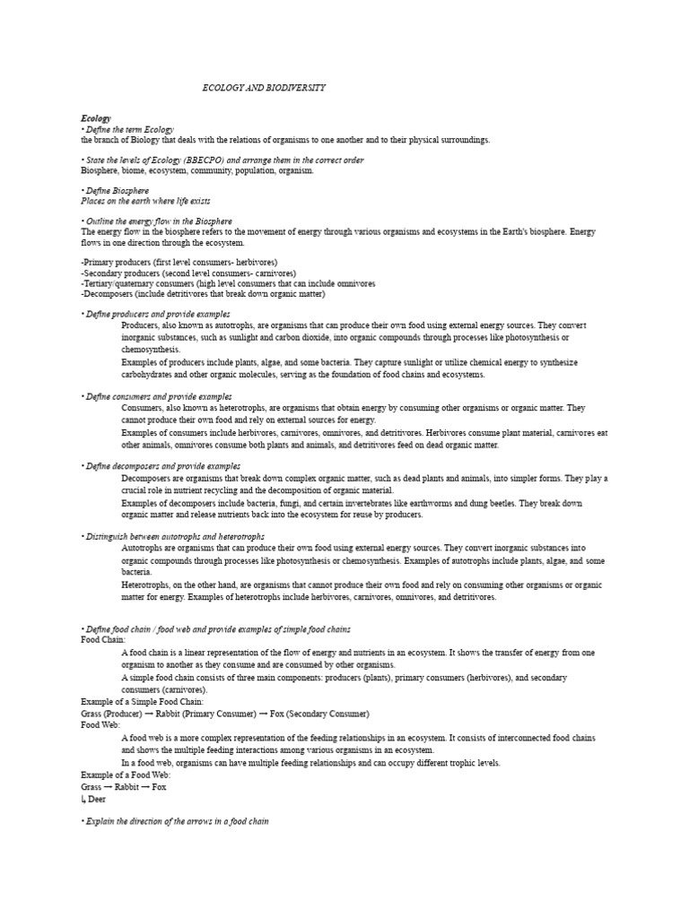 ECOLOGY AND BIODIVERSITY Review Sheet | PDF | Food Web | Biodiversity