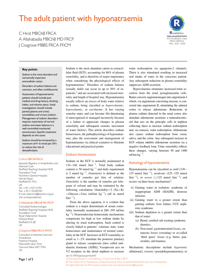 The Adult Patient With Hyponatraemia | PDF | Angiotensin | Clinical ...