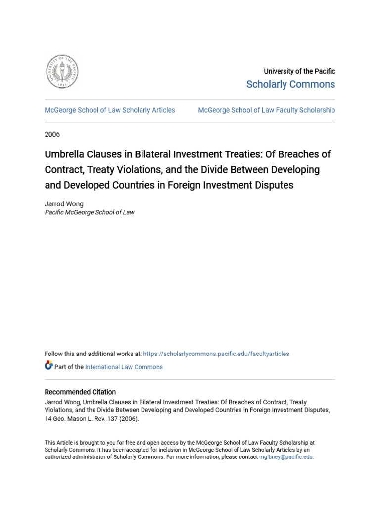 Umbrella Clauses in Bilateral Investment Treaties - of Breaches of ...
