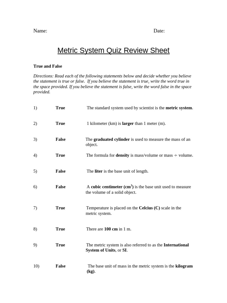 Metric System Quiz Review - Answers | PDF | Litre | Pound (Mass)