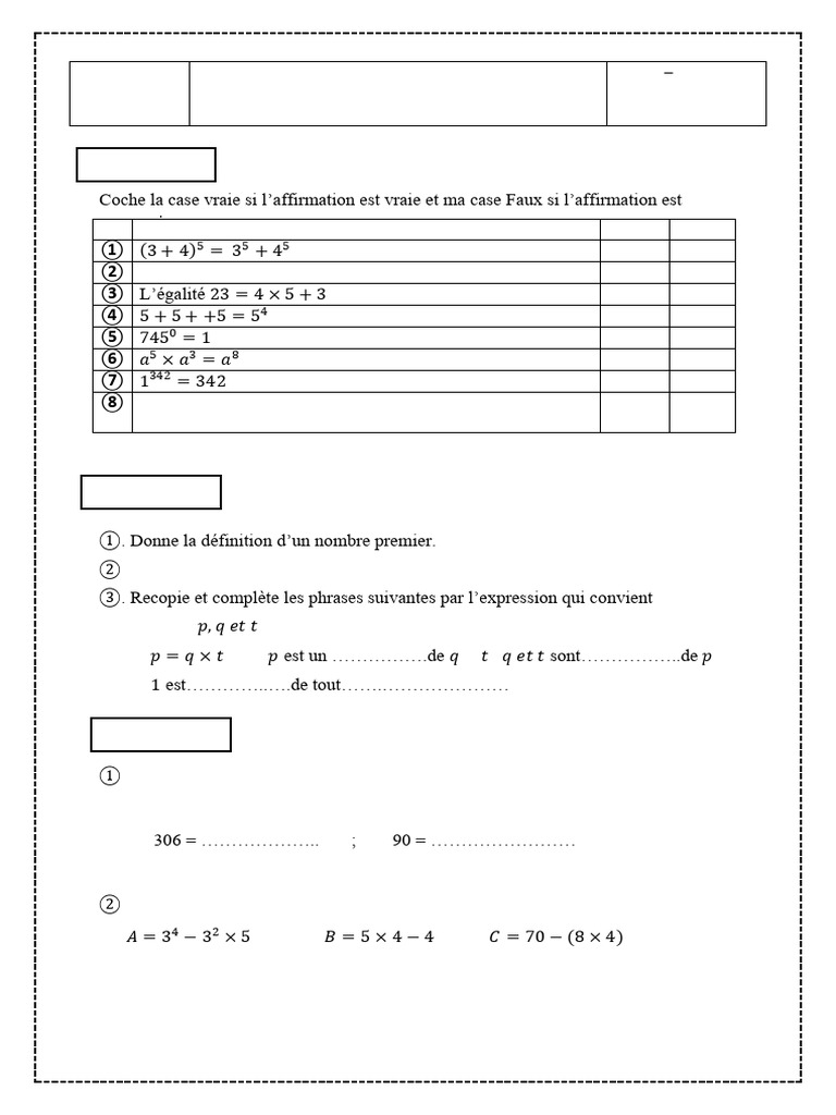 Devoir de maths 5ème - 1er trimestre | PDF | Méthodes et références ...