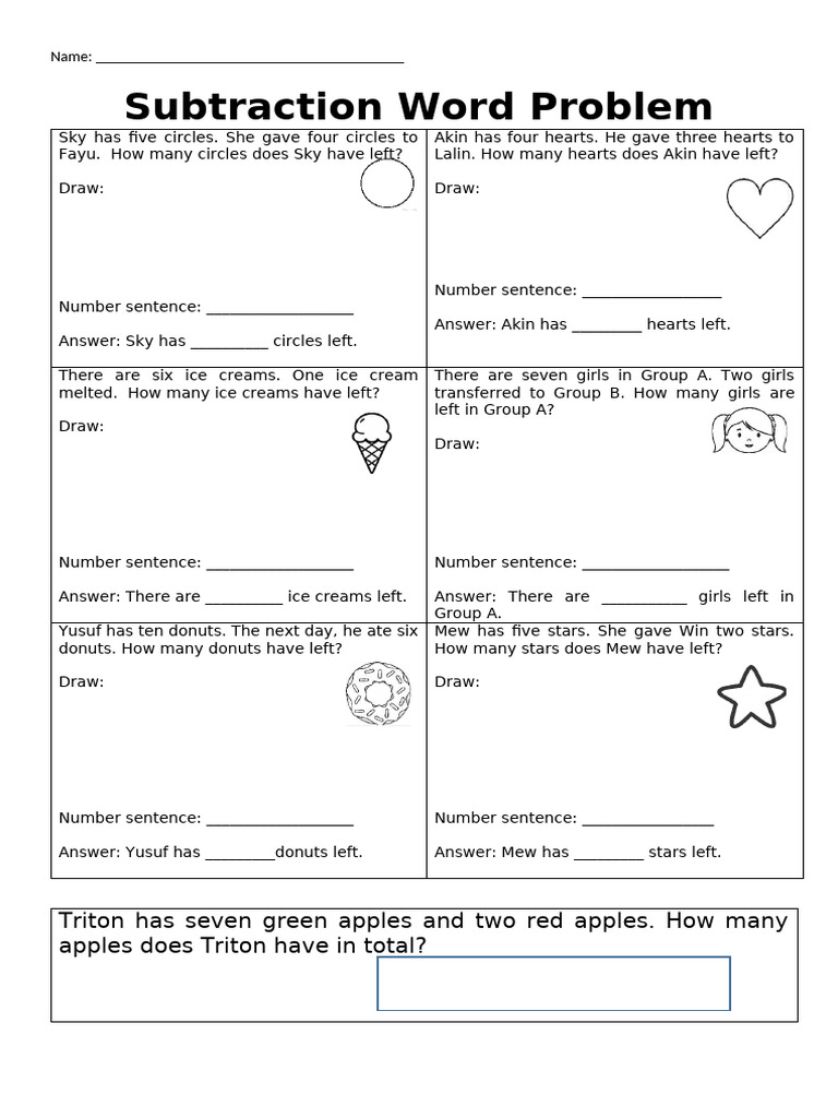 Word Prob Math Subtraction | PDF