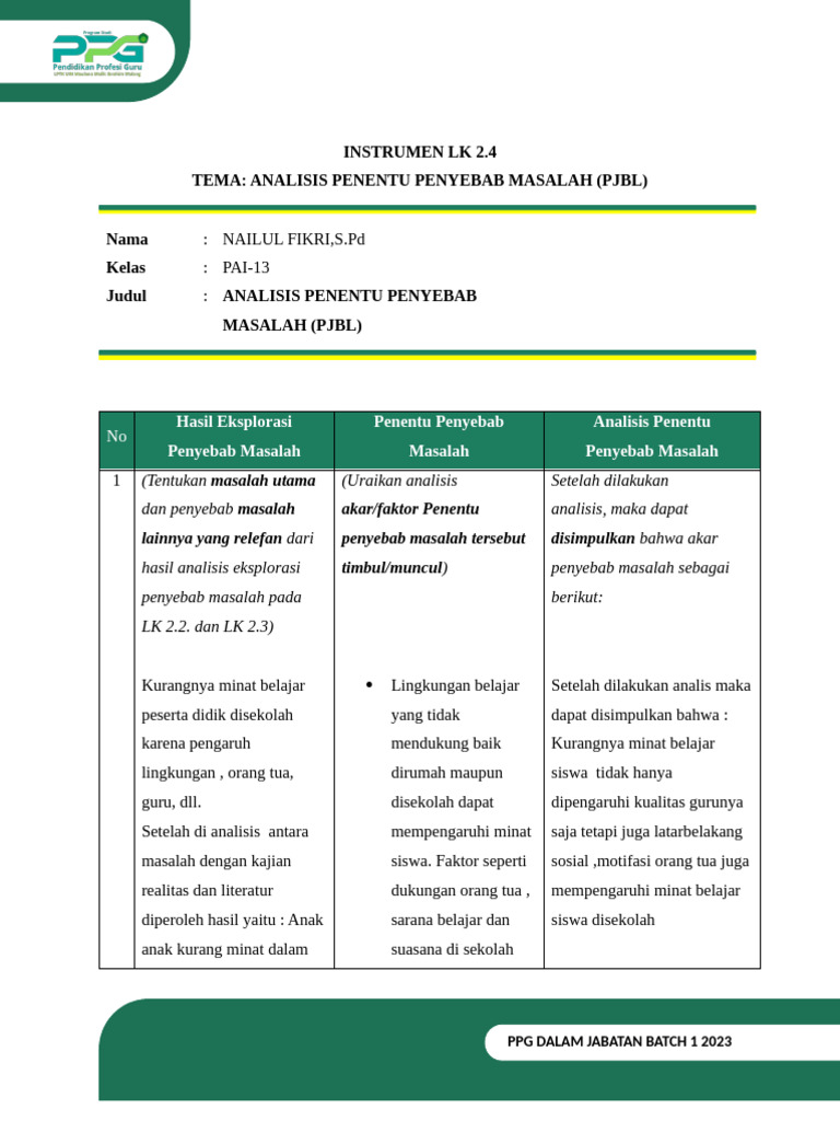 Instrumen LK 2.4 - Analisis Penentu Penyebab Masalah (MODUL PROFESIONAL 4 PJBL) | PDF