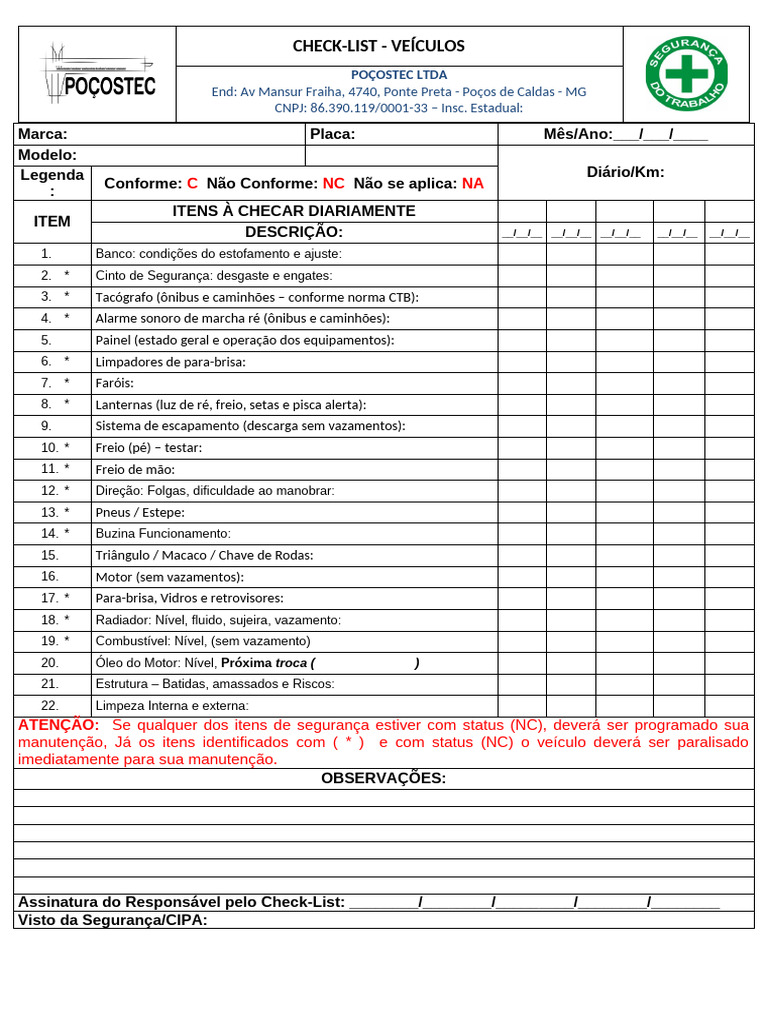 Check-list de Segurança Veicular | PDF | Tecnologia e Engenharia