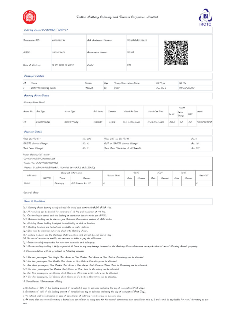 IRCTC Retiring Room | PDF | Taxation | Government Finances