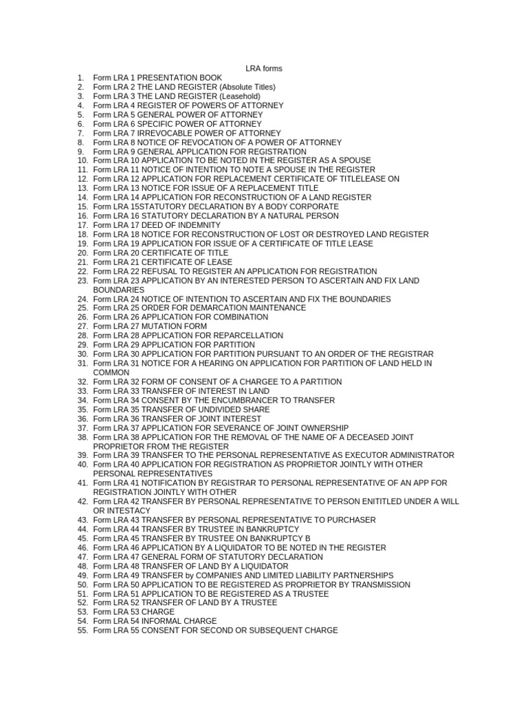 Summary List of Lra Forms | PDF | Lease | Land Law