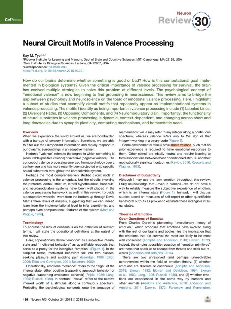 Neural Circuit Motifs in Valence Porcessing (Kay Tye 2018) | PDF | Emotions | Reward System