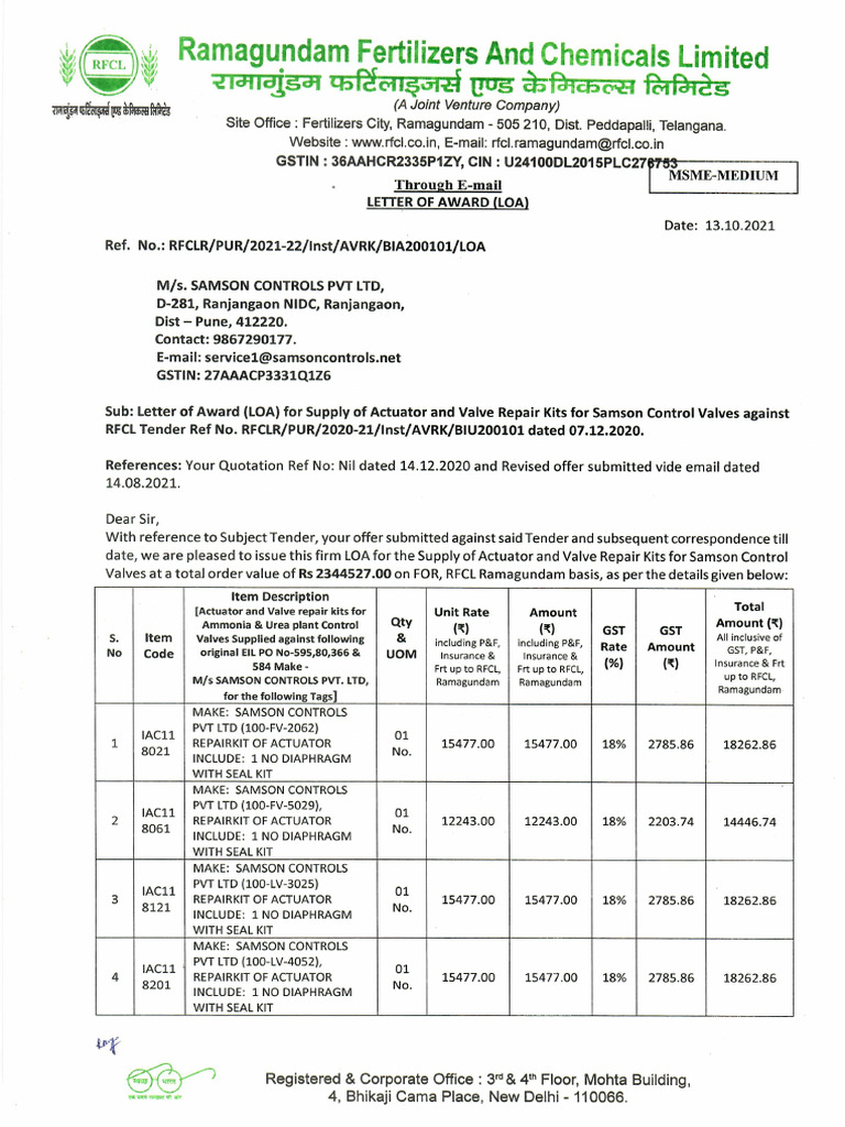 LOA - Samson Actuator and Valve Repair Kits | PDF