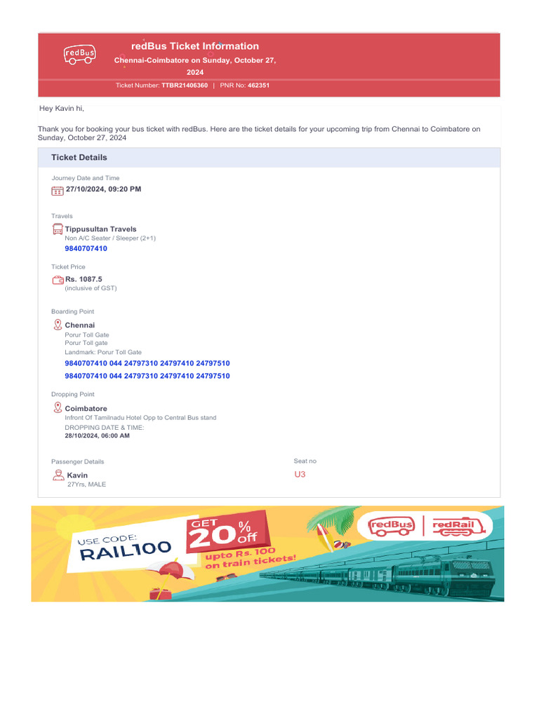 Chennai to Coimbatore Bus Ticket Details | PDF | Bus | Transport
