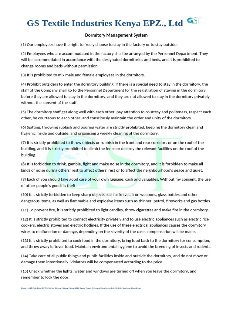 Gs Textile Dormitory Management Rules Pdf Dormitory