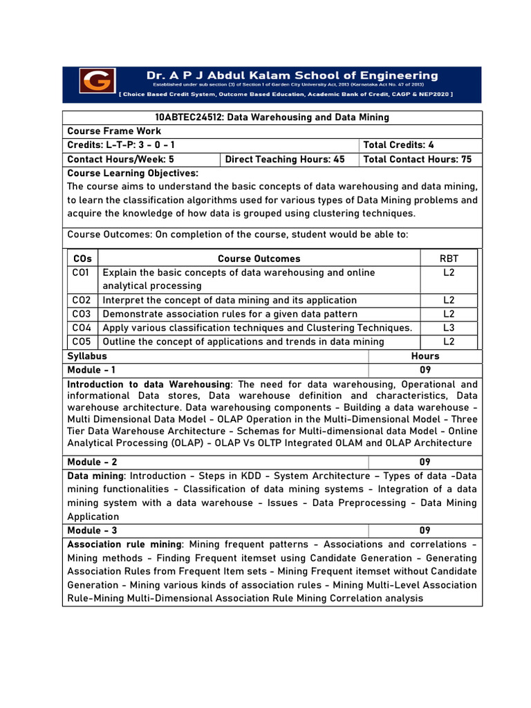 Data Warehousing and Data Mining Syllabus | PDF | Data Warehouse | Data Mining