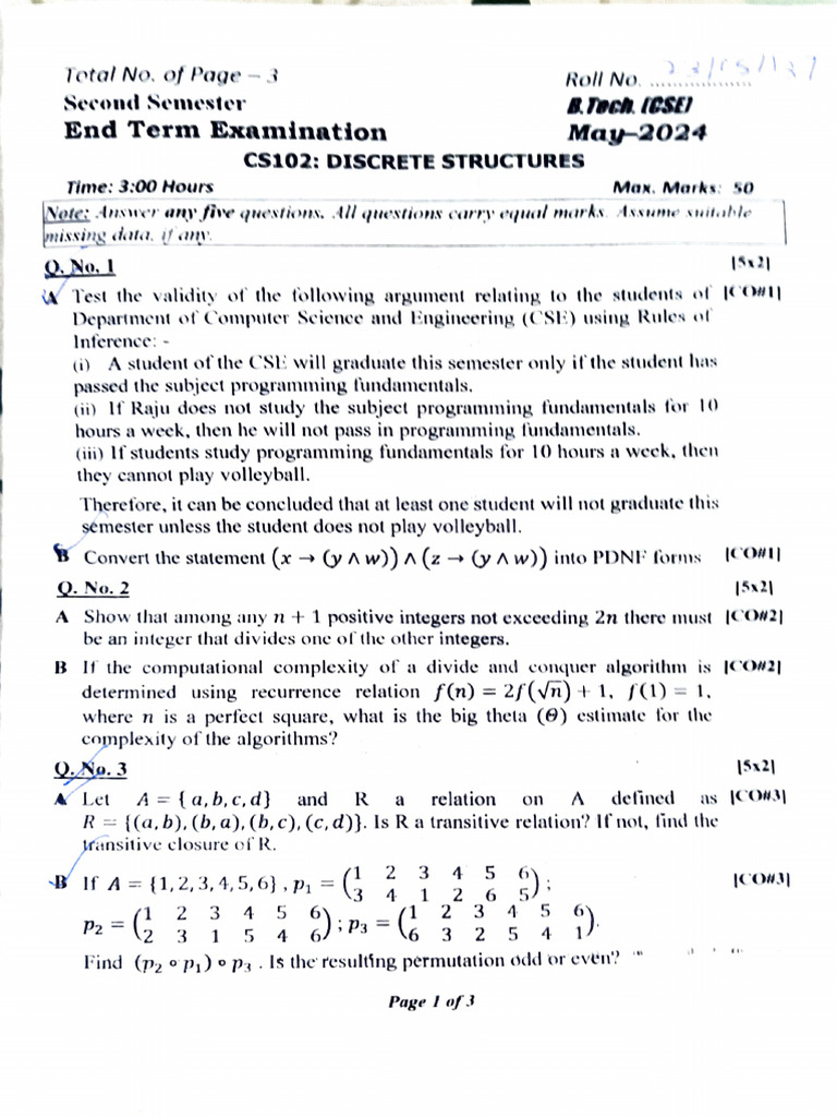 8f5b645cdiscrete Endsem | PDF | Boolean Algebra | Teaching Mathematics