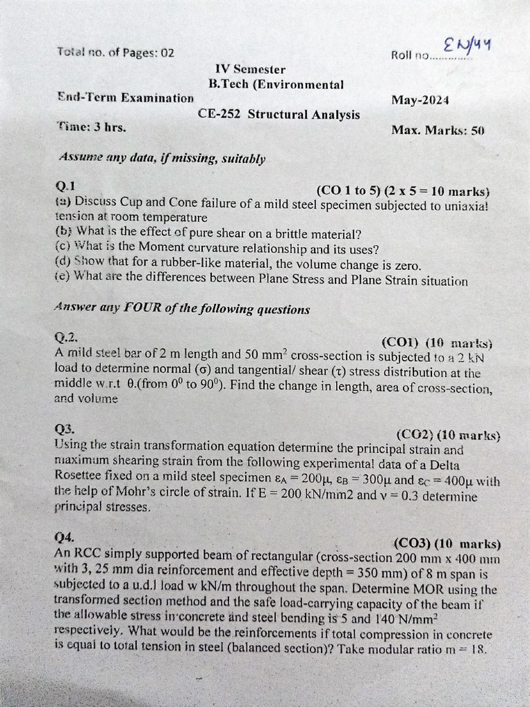 B.Tech Structural Analysis Exam | PDF | Beam (Structure) | Stress ...