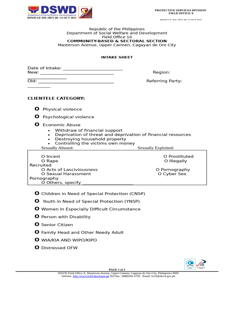 Intake Sheet Combased 1 | PDF | Human Sexuality | Woman
