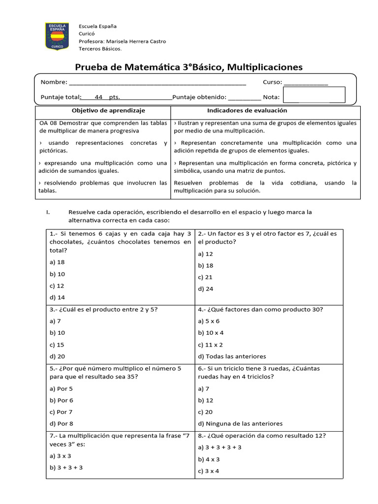 Prueba 5, Multiplicaciones | PDF | Multiplicación | Matemáticas