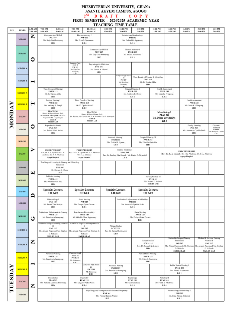 2ND Draft - Teaching Timetable Semester-1-2024-2025 | PDF | Social Programs | Medical Specialties