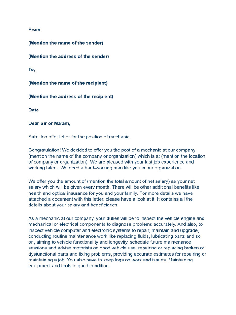 Mechanic Job Offer Letter Template - 1 | PDF