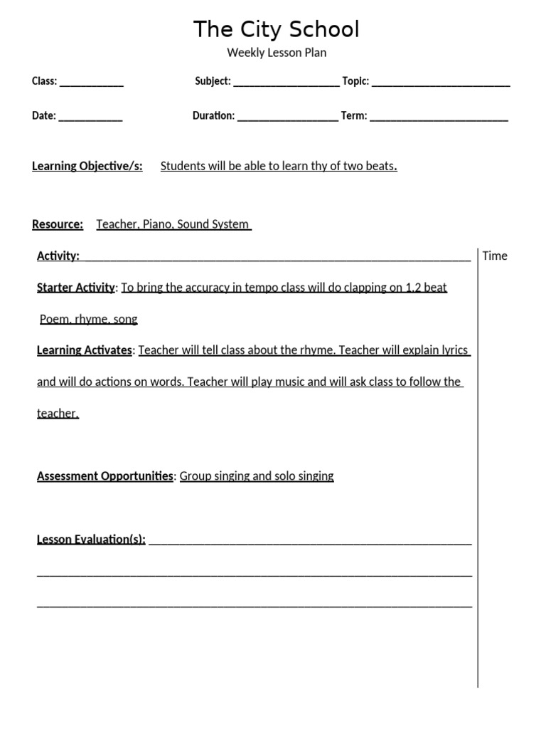 Lesson Plan Format Music | PDF | Lesson Plan | Songs