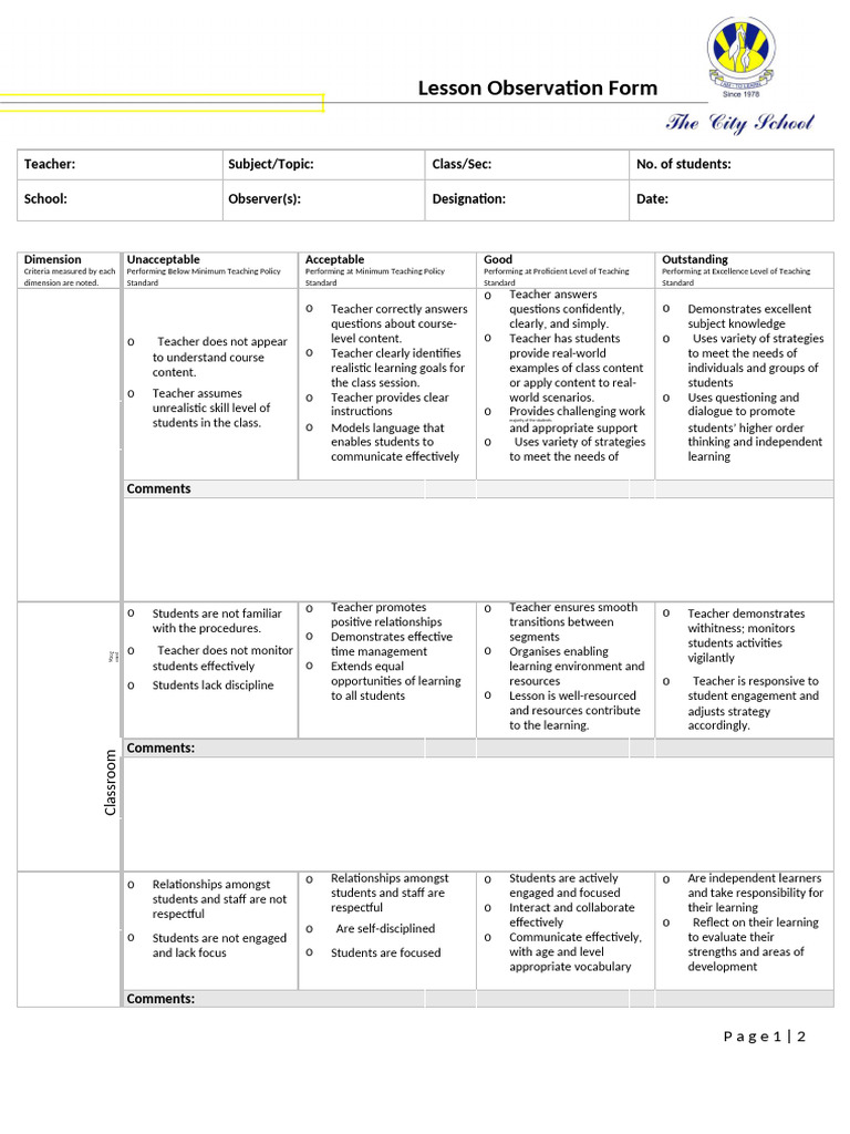 Teacher Lesson Observation Form | PDF | Teachers | Teaching