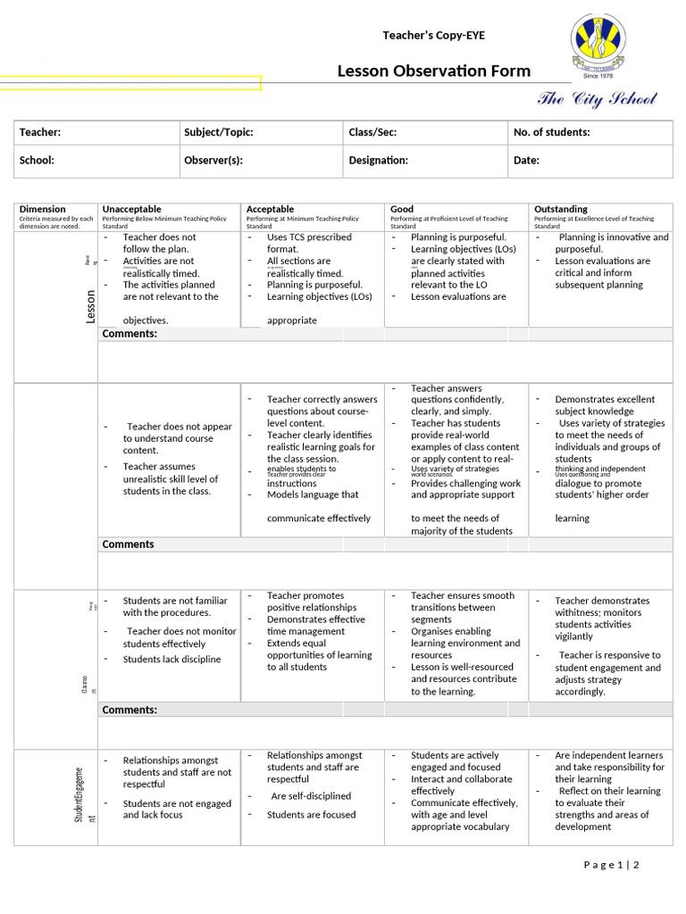 Lesson Observation EYE | PDF | Teachers | Learning