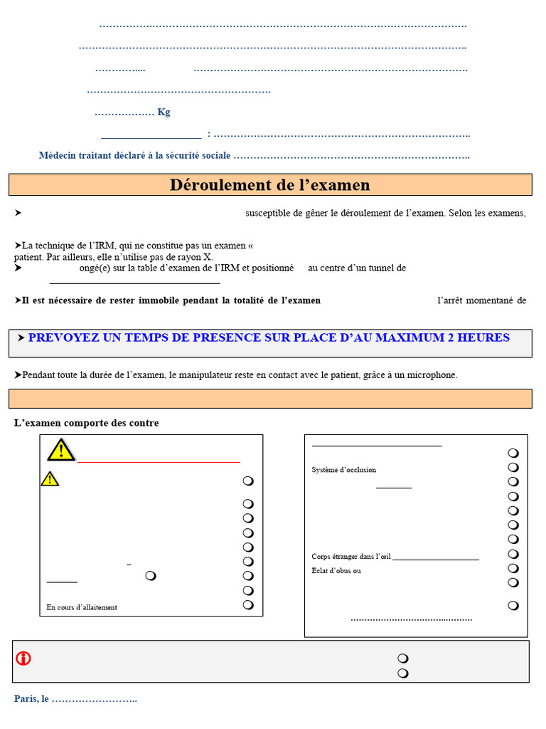 Questionnaire IRM et Contre-indications | PDF | Spécialités médicales ...