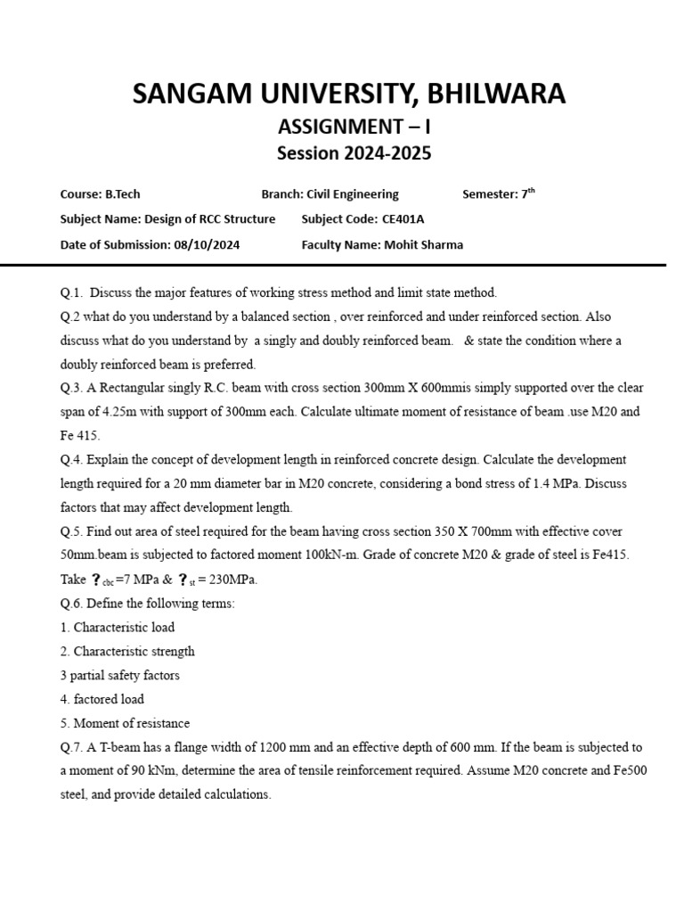 Assignment I - Design of RCC Structure Btech | PDF | Beam (Structure) | Reinforced Concrete