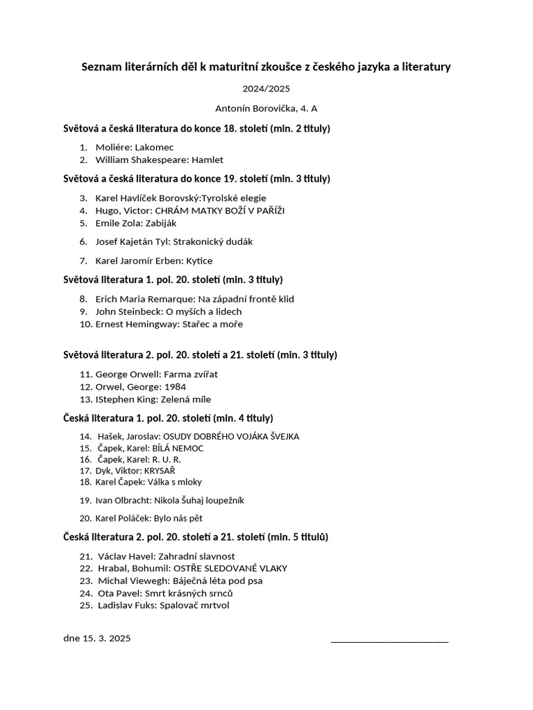 Seznam Literárních Děl K Maturitě - Vzor 2024 | PDF