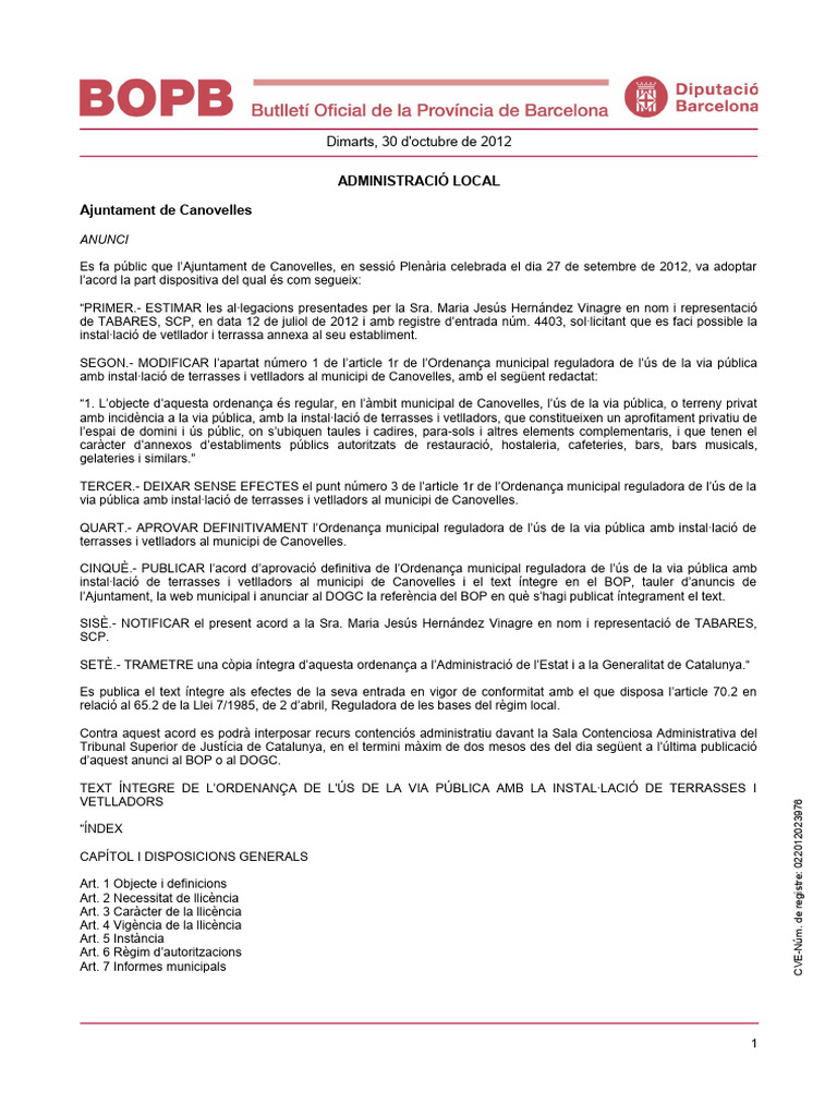 Ordenanca Municipal de L Us de La Via Publica Amb La Instal - Lacio de Terrasses I Vetlladors | PDF
