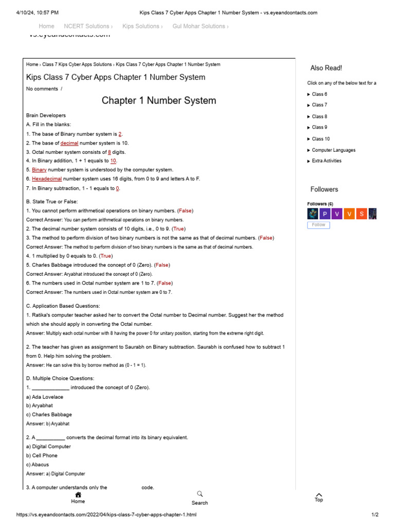 Kips Class 7 Cyber Apps Chapter 1 Number System | PDF | Mathematics | Arithmetic