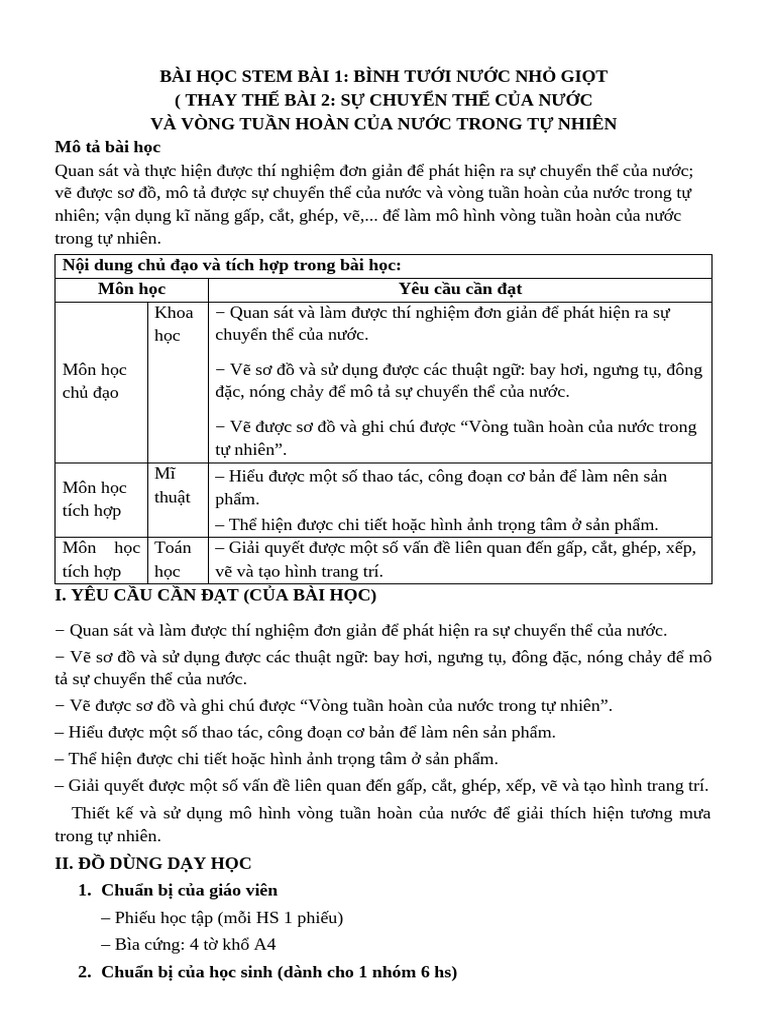 BH STEM 4 - Bài 1. Sự chuyển thể của nước và VTH của nước trong tự nhiên - KHBD | PDF