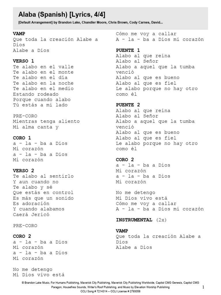 Alaba (Spanish) - Lyrics | PDF