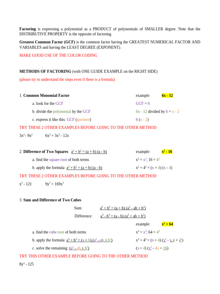 Factoring Polynomials Q1 W1 | PDF | Factorization | Quadratic Equation